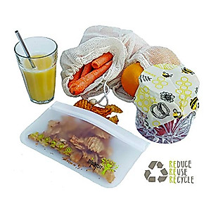 ZERO WASTE KIT - 17 PCS Eco Friendly Gift Set with Zero Waste Sustainable Products for the Home & Kitchen. Includes Reusable Products, Food Storage Bags, Beeswax Wraps, Mesh Produce Bags, and Straws. Great gifts for women.