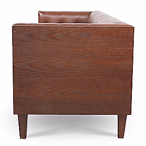 wirrytor Mid-Century Faux Leather 3 Seater Sofa, Modern Upholstered Tufted Leather Sofa Couch Furniture with 2 Bolster Pillows for Living Room Bedroom Office Apartment, Brown