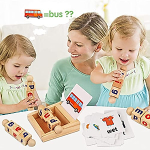 Montessori Toys for Toddlers 2 3 4 Years Old Wooden Reading Blocks Flash Cards Short Vowel Turning Rotating Matching Letters Toy for Kids Educational Alphabet Learning Toys for Preschool Boys Girls