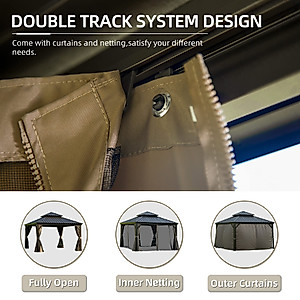 Domi 12x12FT Hardtop Gazebo with Netting & Curtains, Outdoor Aluminum Frame Gazebo with Galvanized Steel Double Roof, Outdoor Permanent Metal Pavilion for Patio Deck Lawn and Garden, Brown