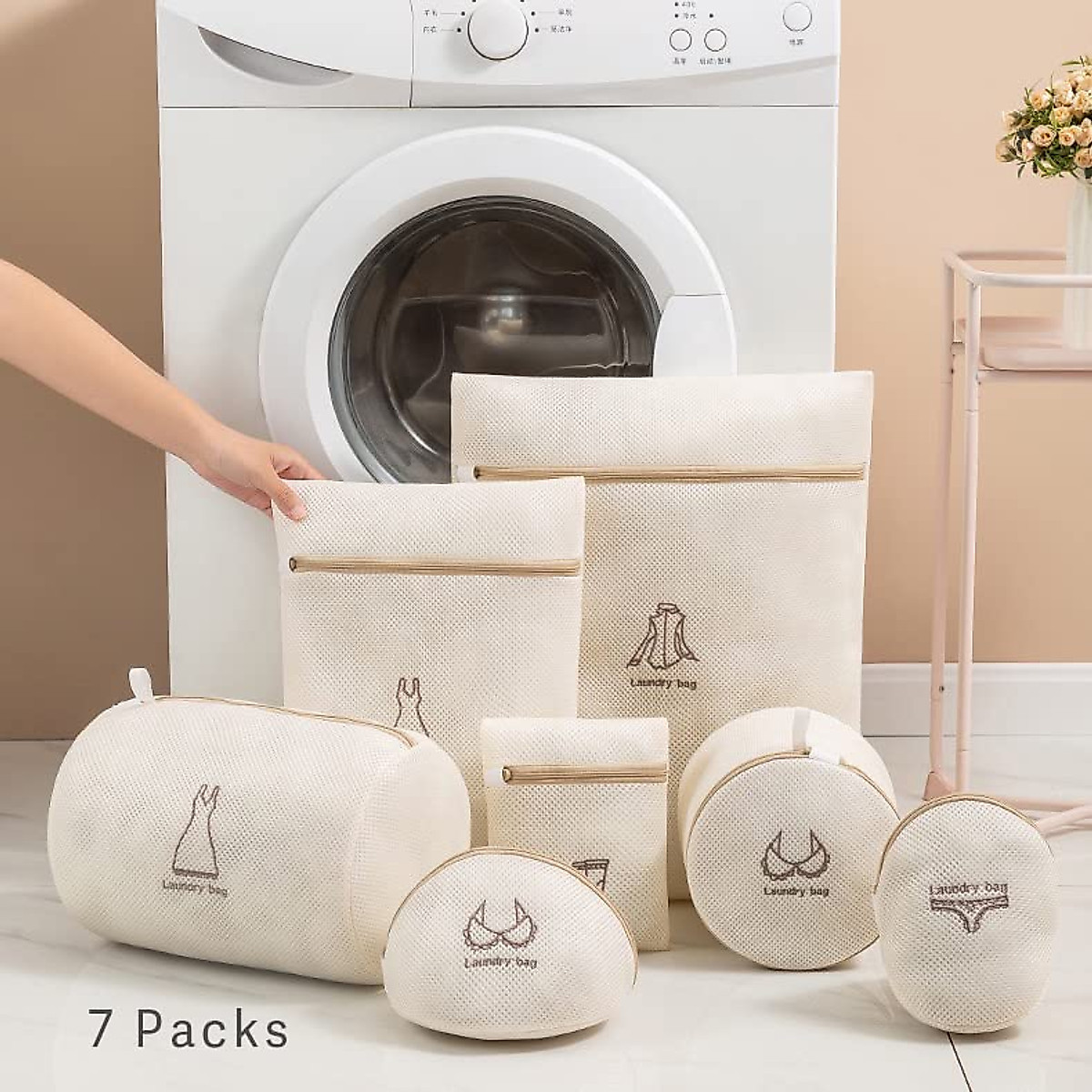 GIGIFULL 7 Pack White Mesh Laundry Bags for Delicates - Anti-Deformation Reusable Laundry Bags for Overcoat, Bra, Stocking, Blouses And Hosiery (7 pcs)