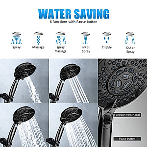 Handheld Shower Head, WASSERN High Pressure 6 Setting Rainfall Massage Water Saving Trickle Pause Extra Long 80'' Stainless Steel Hose Adjustable Bracket Brass Ball Joint 5.2'' Matte Black