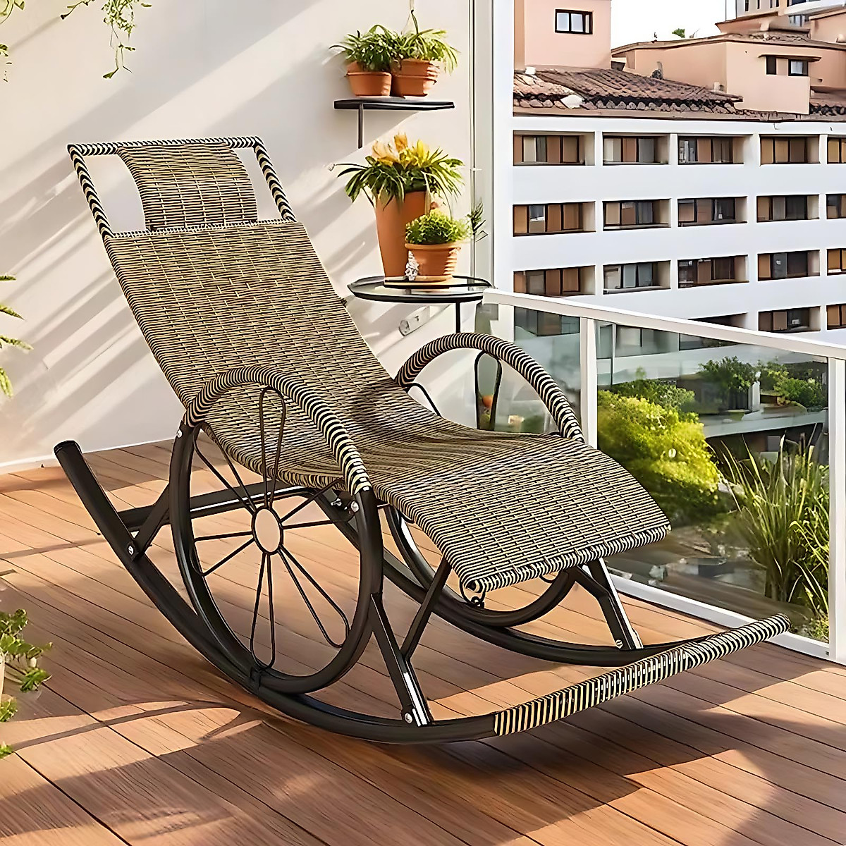 Hannahcos Outdoor Rocker Chair, Wicker Patio Chairs, Patio Lounge Chair with Armrests and Headrests, Modern Royal Chair for Bedroom, Living Room, Porch, Garden, Gold