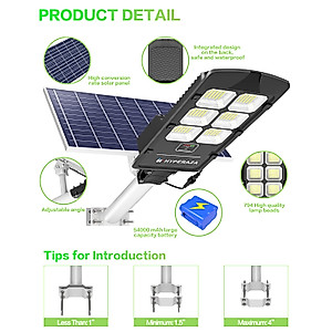 HYPERAZA Solar Street Light, 600W Solar Pole Lights Outdoor Dusk to Dawn Solar Flood Light with Remote Control IP66 6500K, Super Bright Solar Powered Lighting for Garage, Garden, Street