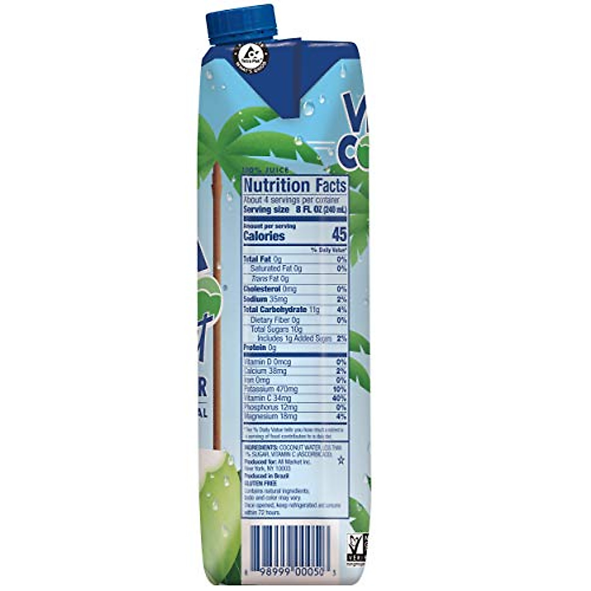Vita Coco Coconut Water, Pure, 33.8 Fl Oz