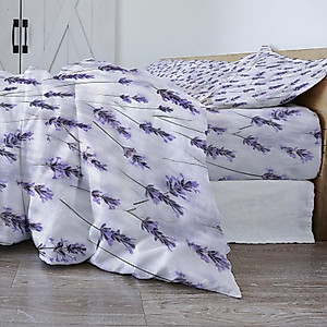 Anzona Purple Lavender Duvet Cover Queen Size - 4 Pieces Duvet Cover Set, Spring Flower Watercolor Floral Rustic Bedding Comforter Cover Zipper Closure, 1 Duvet Cover 1 Fitted Sheet 2 Pillow Shams