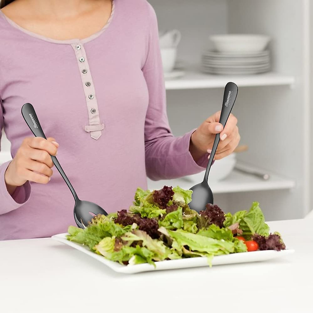 Stainless Steel Serving Spoon x 2, Slotted Serving Spoon x 2, Serving Forks x 2, 8.5 Inch Serving Utensils Set of 6 for Catering, Dishwasher safe (Silver)