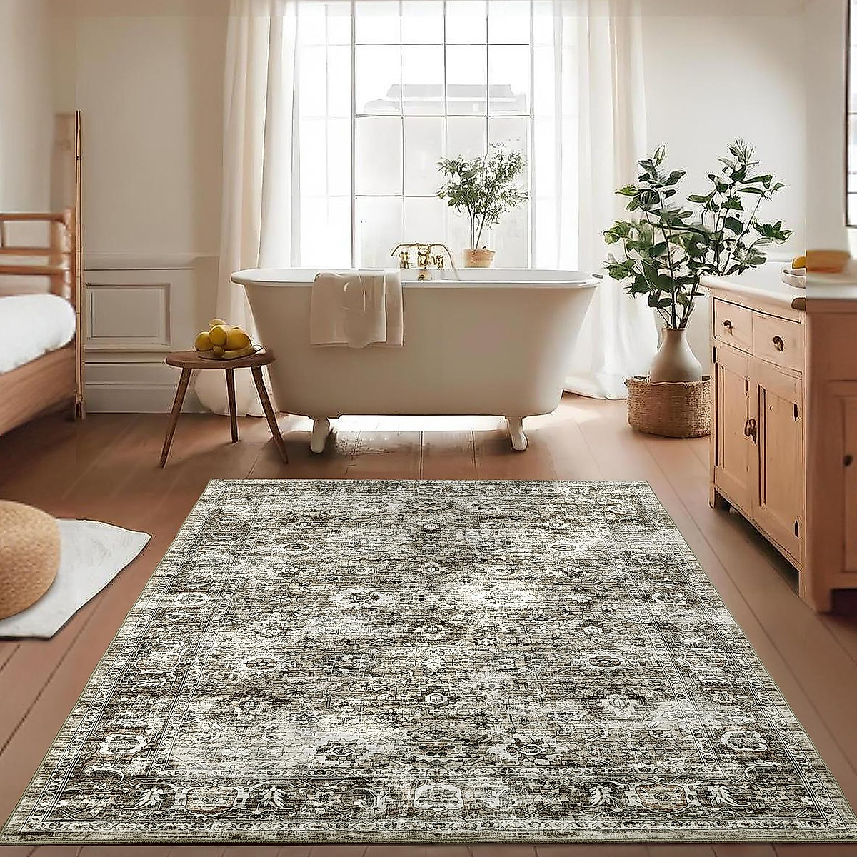 CAREMEE Washable Rug 5x7 Area Rugs for Living Room Bedroom, Vintage Non-Slip Print Distressed Thin Throw Rugs with Rubber Stain Resistant Low Pile Carpet for Kitchen Dining Room Foyer, Gray/Camel