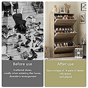 Hitow Shoe Storage Cabinet, Narrow Shoe Cabinet with 3 Drawers & Adjustable Shelf, Small Space Entryway Freestanding Shoe Rack with Shutter Doors, Natrual (22.4" W x 9.4" D x 42.3" H)