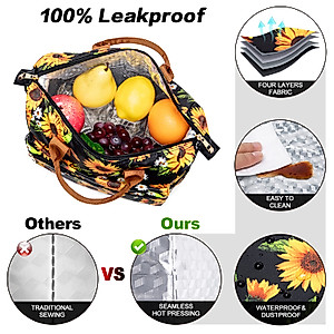 Idle Hippo Insulated Lunch Bag Large Lunch Box Container with Multi-Pockets Leakproof Cooler Tote Bag with Adjustable Shoulder Strap for Adult Men Women Work Office Picnic-Sunflowers