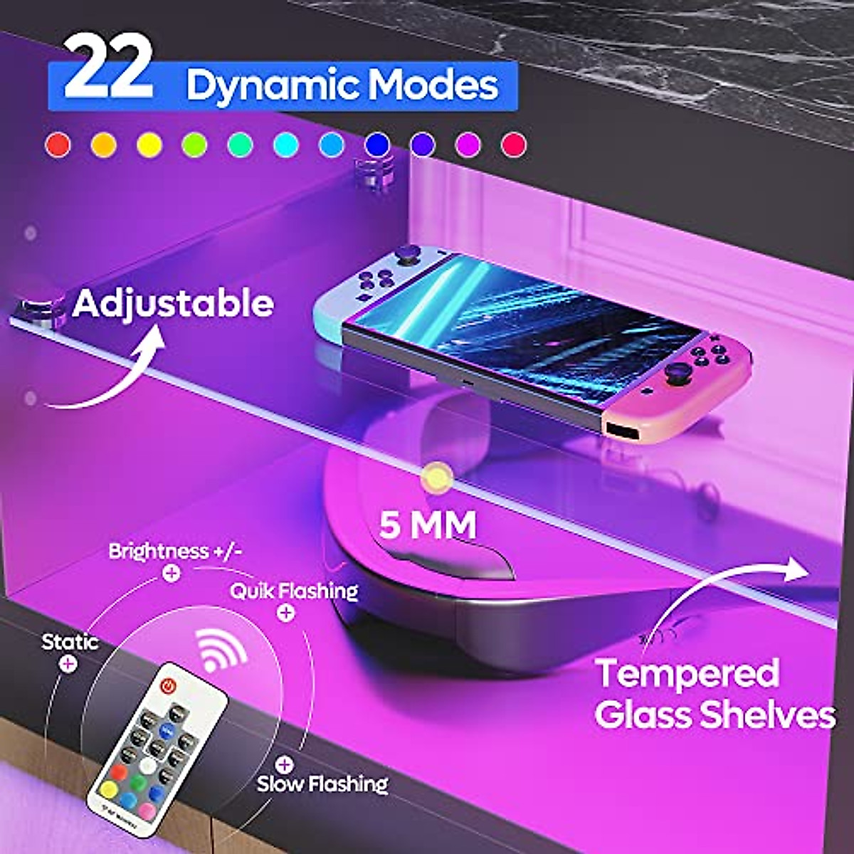 Bestier TV Stand Black Marble LED Entertainment Center for 55+ Inch TV Gaming TV Stand Adjustable Glass Shelves 22 Dynamic RGB Modes TV Cabinet for Game Console PS4