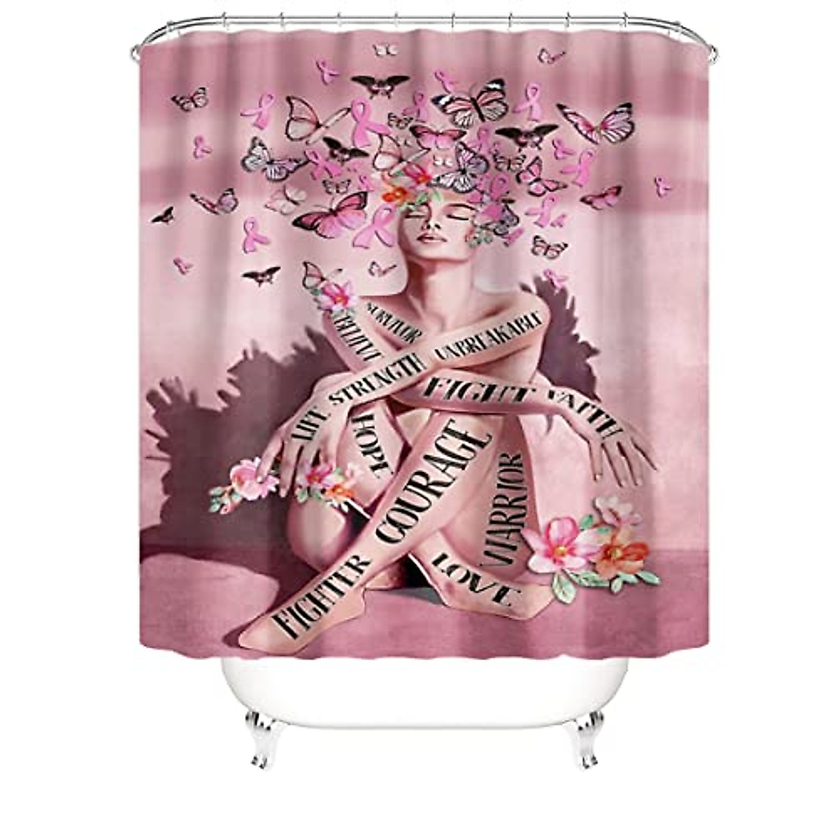 Vivianbuy 4 Pcs Pink Lady African American Bathroom Shower Curtain Sets with Rugs Toilet Lid Cover and Bath Mat,Black Women Bathroom Set with Waterproof Fabric Bathroom Curtain and 12 Hooks
