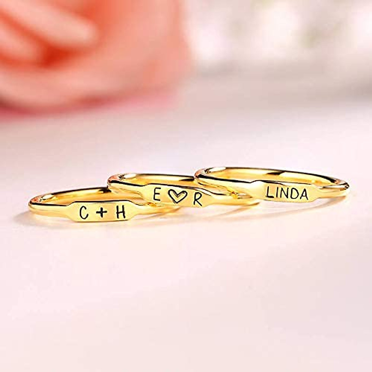 YCHZX Personalized Initial Stackable Bar Name Rings Set Engraved Family 1-6 Names Ring Sterling Silver 925/ Brass Rings for Women Men (Gold)