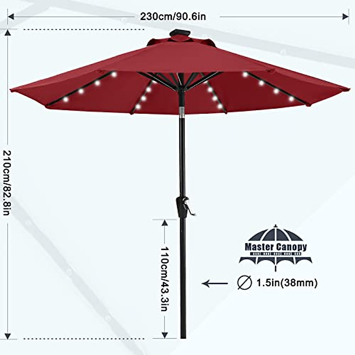 MASTERCANOPY Patio Umbrella with 32 Solar LED Lights for Outdoor Market Table -8 Ribs(7.5ft,Burgundy)