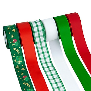 VATIN 100 Yards 1" Christmas Ribbon Printed Grosgrain Organza Satin Ribbons Metallic Glitter Fabric Ribbons 18 Rolls for Xmas Gift Package Wrapping,Winter Season Festival DIY Crafts Decor-Clearance