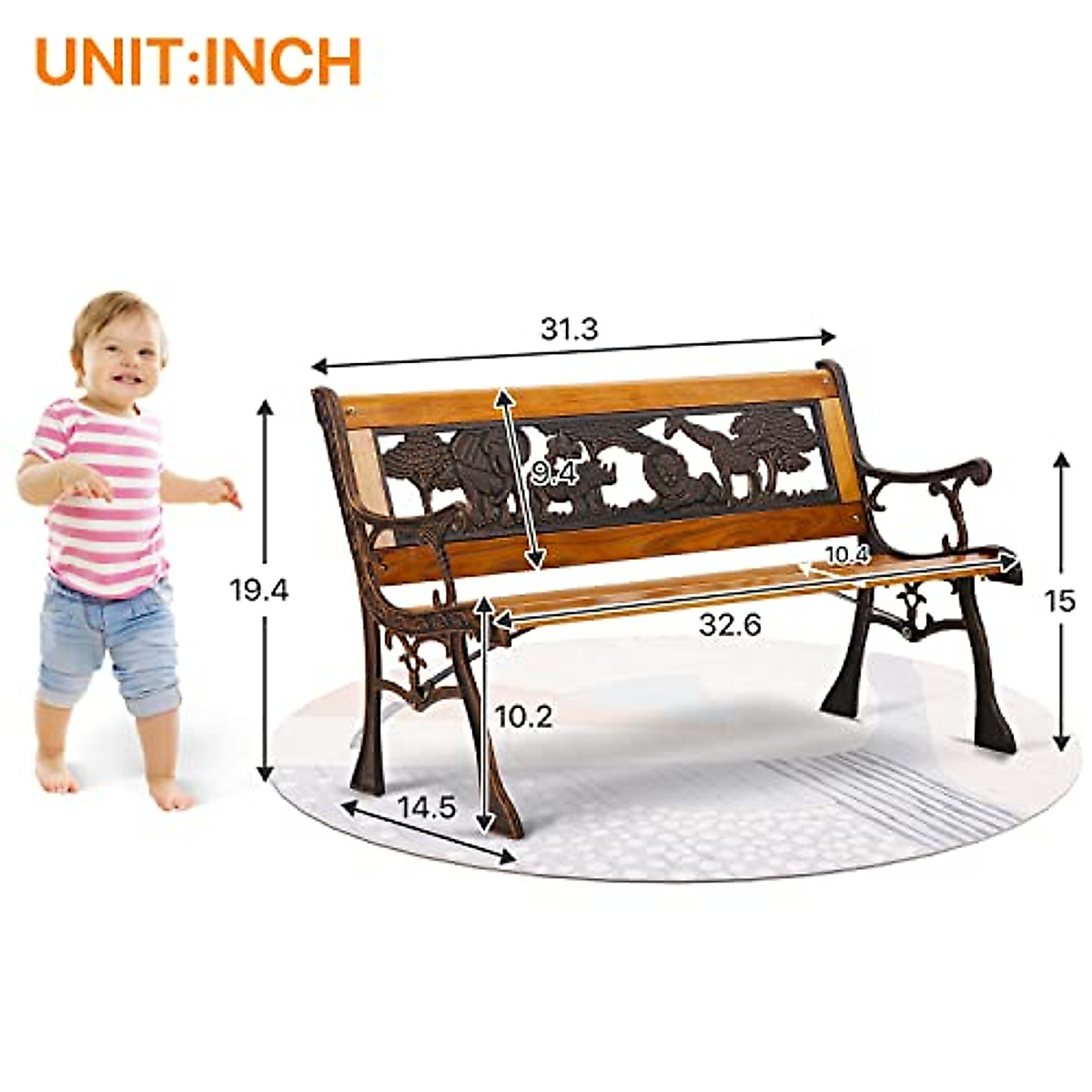 Dkelincs Garden Bench Outdoor for Kids, Metal and Wood Benches Clearance Durable Small Patio Porch Park Benches for Children, Bronze