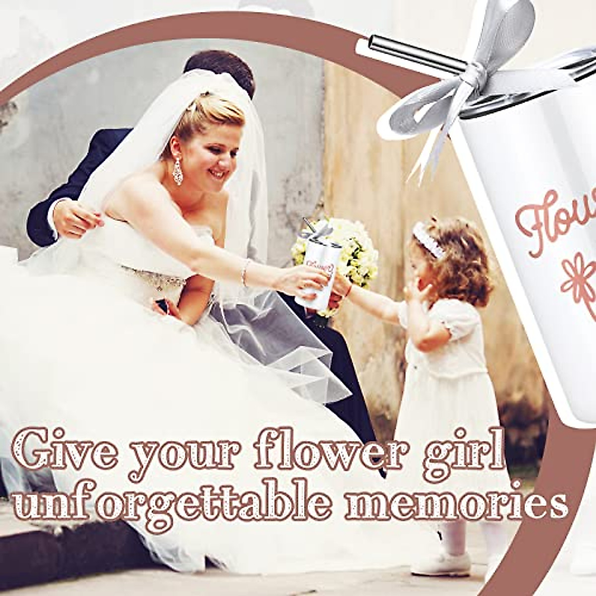 Yungyan Flower Girl Gift Flower Girl Proposal Gift Flower Girl Cup Water Bottle with Straw Cleaning Brush Ribbon Kids Tumbler for Wedding Party Gift from Bride (White, 1 Set)
