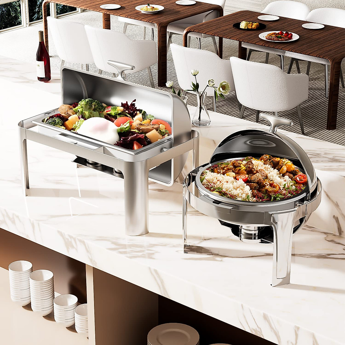 Halamine Roll Top Chafing Dish Buffet Set, 6 Quart Round Stainless Steel Chafer for Catering, Buffet Servers and Warmers for Parties Catering Event Wedding, Banquet, Events, Graduation