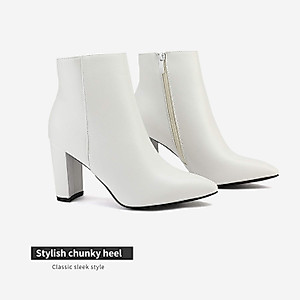 DREAM PAIRS Womens White Pu Chunky Heel Ankle Booties Pointed Toe Short Boots Size 9 B(M) US Sianna-1 Stunner, White/Pu