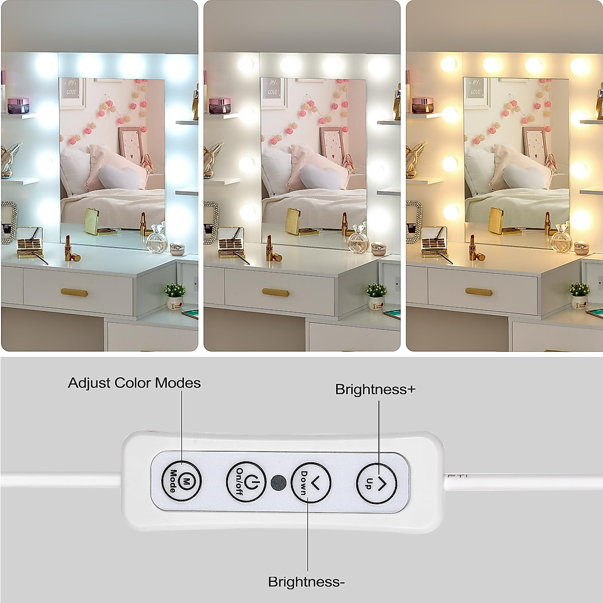 ANWBROAD Makeup Vanity Desk Vanity Set with 10 LED Bulbs Lighted Mirror Makeup Vanity Table Set with Charging Station Nightstand 3 Colors Modes Dimming Cushioned Stool Large Mirror White UBDT53W