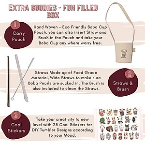 EleBoba Reusable Boba Cup with Lid and Straws - Leak Proof Tumbler for Bubble Tea and Smoothies - 24oz/700ml - Carry Pouch, Stickers, 2x Straws, Cleaning Brush, Cute Boba Cup, Kawaii Boba Cup