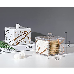 Luxspire Cotton Swab Holder Storage Box with Lid, Q-Tip Holder Cotton Ball Canister Jar Cotton Bud Round Dispenser Box, Cosmetic Vanity Organizer Bathroom Accessories Canisters, Clear + Gold Marble