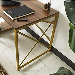 Complete Computer Workstation Desk with Storage Furnish Home Store Gold Metal Frame 47" Wooden Top 2 Shelves Writing and Computer Desk for Home Office (Black)