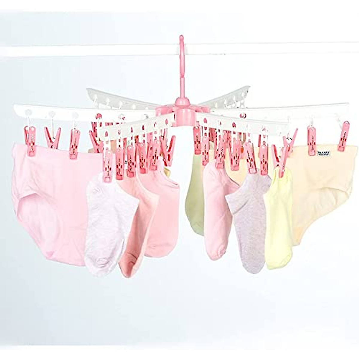 Radefaun Clip and Drip Hanger with 36 Clips Plastic Swivel Hook Portable Folding Drying Rack Baby Clothes Hanger Foldable Travel Accessories for Socks Bras Lingerie Towels Underwear Gloves Pink