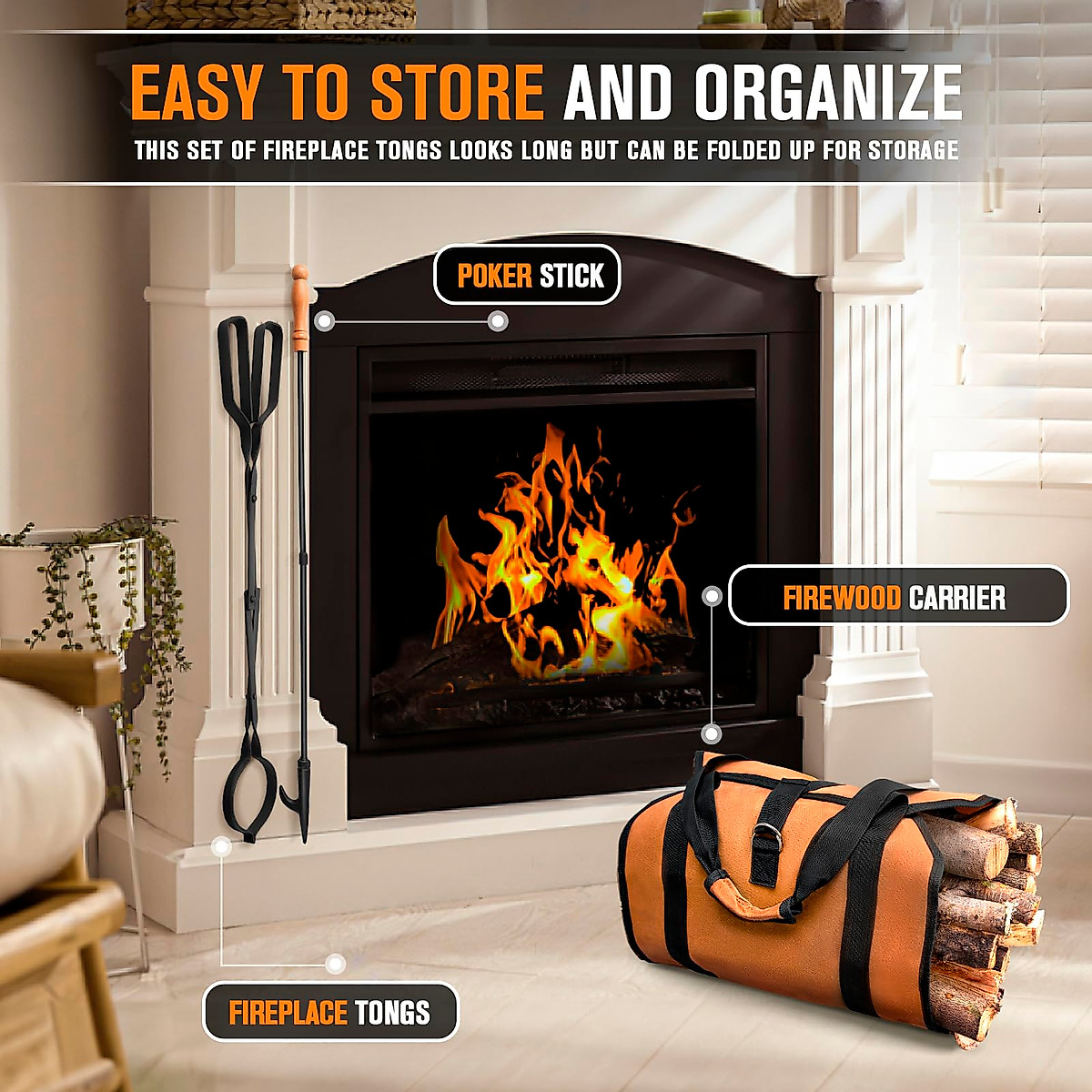 Firewood Carrier + Fire Poker + Fireplace Tongs - Fire Pit Tools for Indoor and Outdoor Use, Log Carrier for Firewood, 32 Inch Fire Poker, 26 Inch Fire Tongs, Fireplace Tools