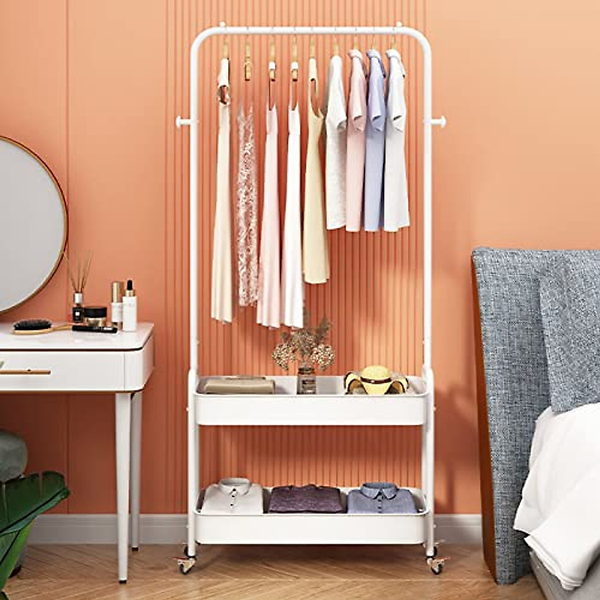 2-Tiers Clothes Rack Freestanding Clothing Garment Rack with Metal Basket Rolling Storage Clothes Shelves Portable Organizer Coat Rack for Entryway Home Bedroom Laundry Small Place (White)