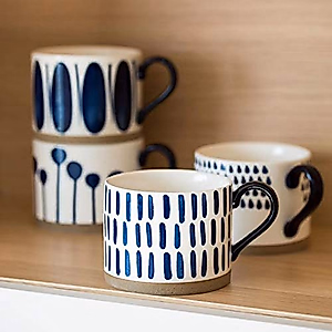 Koja Hand Painted 15 oz. Porcelain Ceramic Mugs Set. Service for 4.