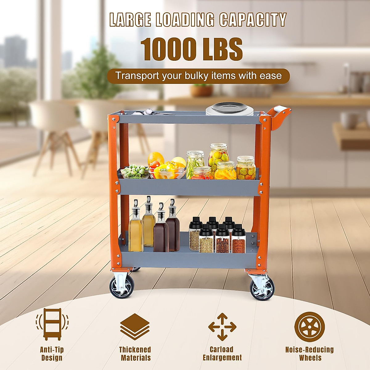 HPDMC 3-Tier Utility Cart 1000lbs Capacity Heavy Duty Metal Service Cart with Wheels, Rolling Tool Cart on Wheels, Garage Tool Push Cart for Mechanic, Garage, Workshop, Warehouse, Office