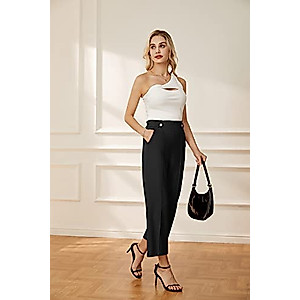 GRACE KARIN Women's Straight Leg Cropped Dress Pants Elastic High Waist Wide Leg Business Casual Slacks Capris with Pocket Black L