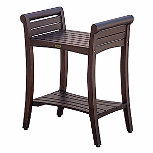 DecoTeak Symmetry Teak Shower Bench 24" Long Extended Height Wood Shower Stool with Shelf and LiftAide Arms Shower Bench in Woodland Brown Finish