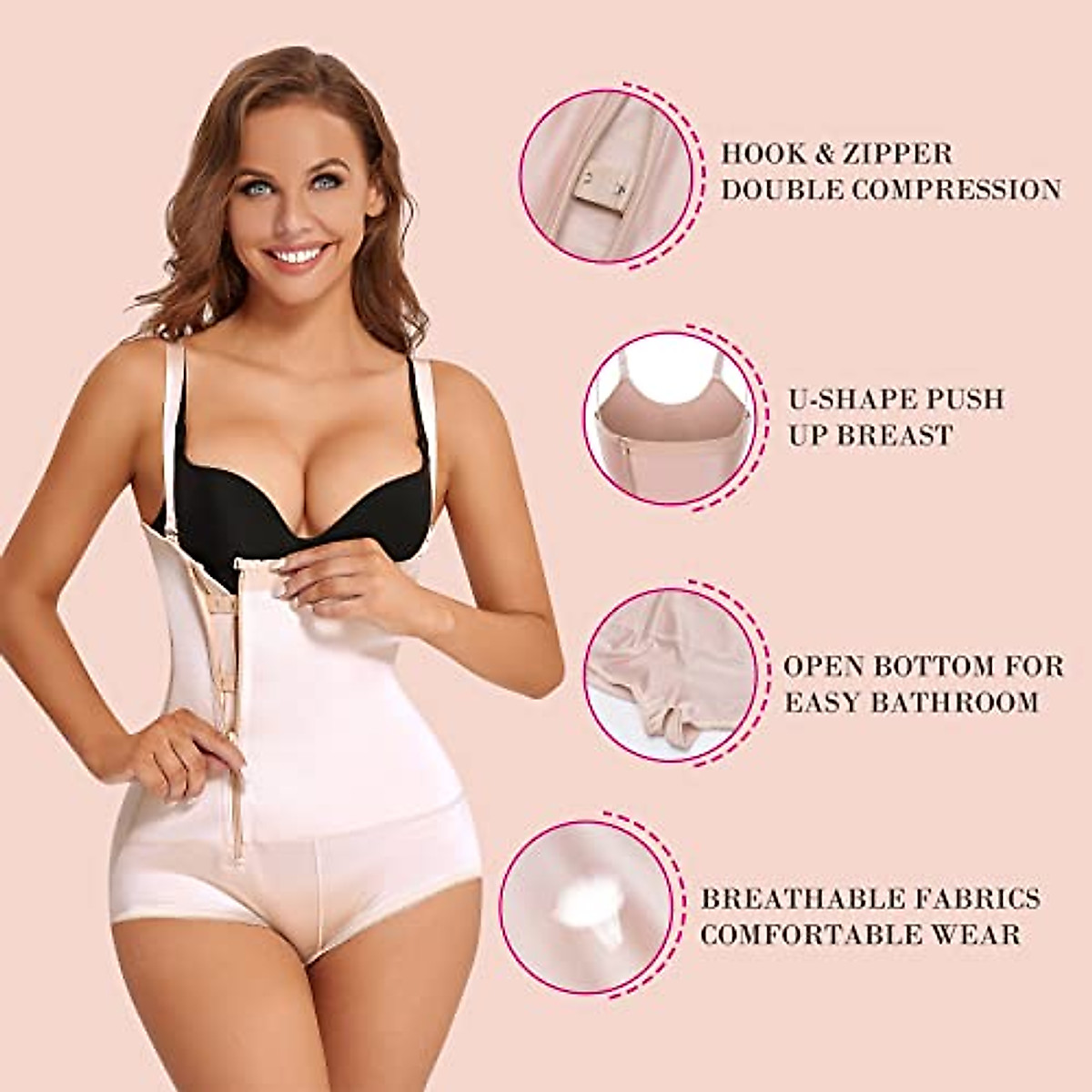 Nebility Bodysuit for Women Slim Waist Trainer with Full Body Zipper Latex Shapewear with Open Bust Corset (Medium,Beige)