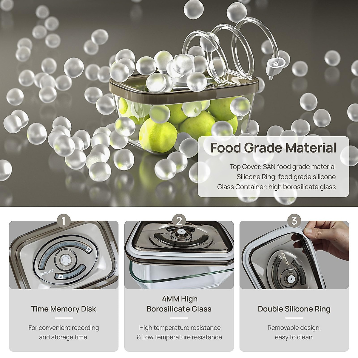 Vakumar 2PCS Vacuum Seal Food Storage Containers Vacuum Sealer containers Fresh Save & Keep the Flavor, Square, BPA-Free, Leak Proof, Lid with Lock - Dishwasher, Freezer & Microwave Safe