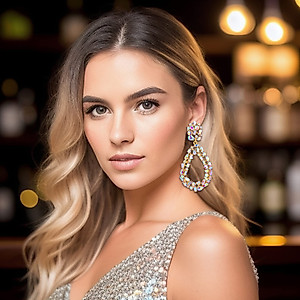 Flyonce Women's Crystal Open Hoop Oval Drop Pierced Dangle Earrings Iridescent Clear AB Gold-Tone