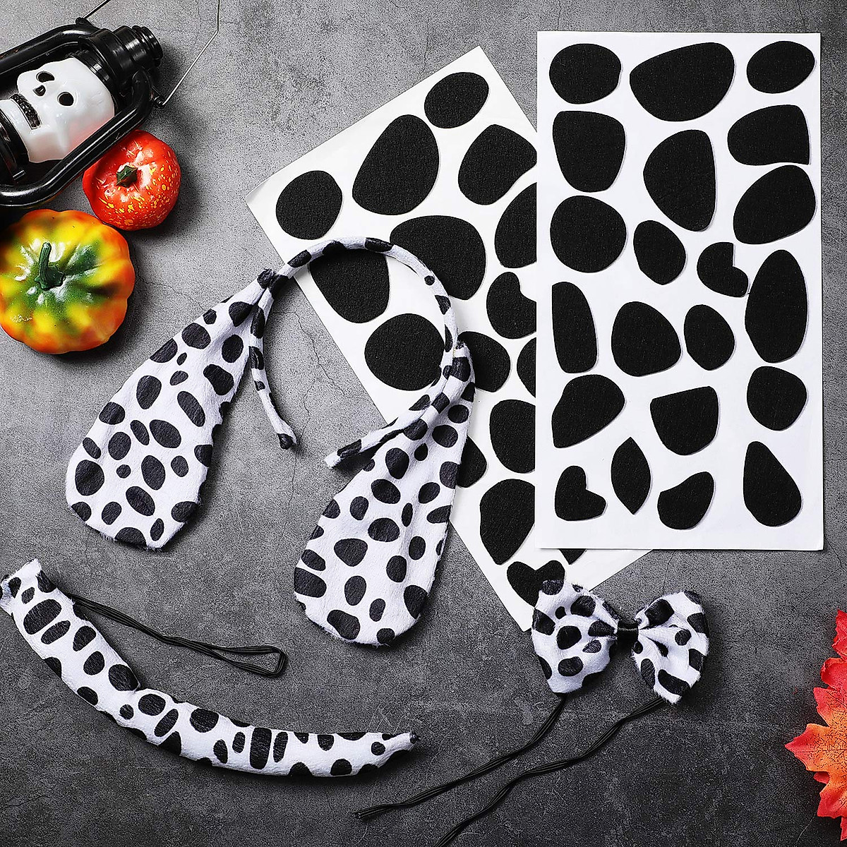 WILLBOND Dalmatian Dog Ear Headband, Bow Tie, Tail Set with 4 Sheets Adhesive Felt Circles Felt Pads for Halloween DIY Projects Costume Party Decorations Supplies