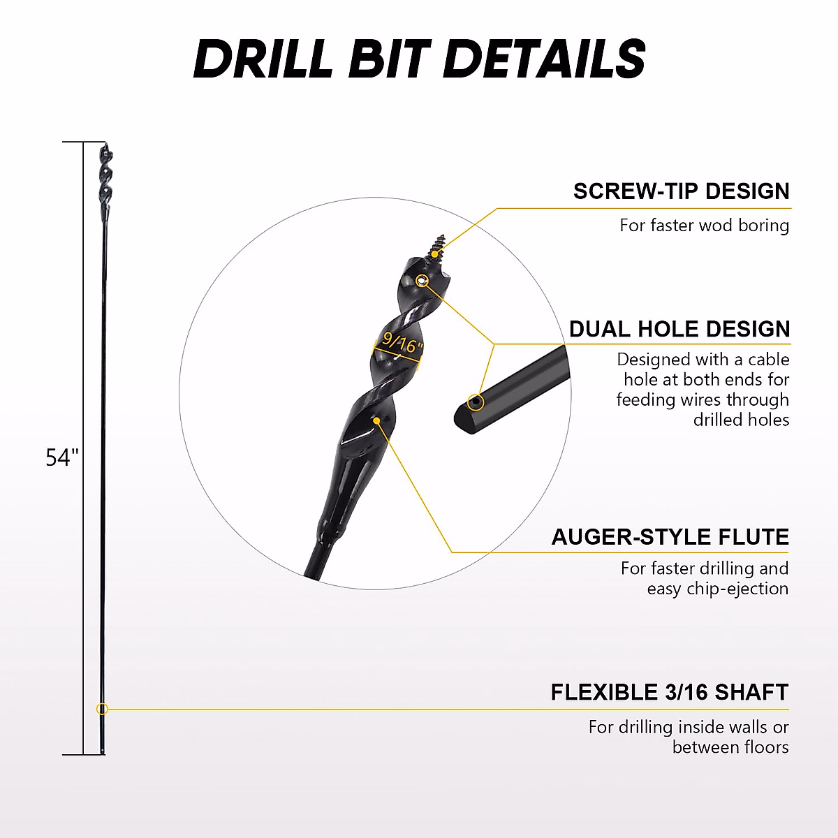 HANSHAN Flexible Installer Drill Bit Fish Bit for Pulling Wire Through Tight Spaces with Minimal Damage 9/16-Inch by 54-Inch