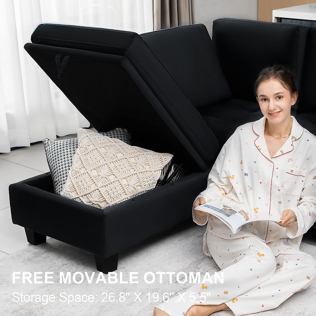 Belffin Velvet Reversible Sectional Sofa with Chaise Convertible L Shaped 4-seat Sectional Couch with Storage Ottoman Black