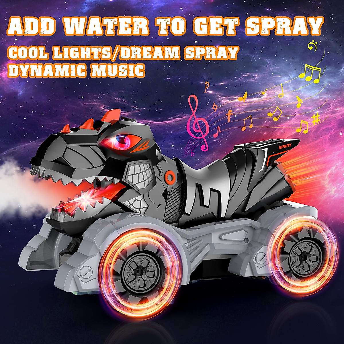 RC Cars Dinosaur Toys, 1:14 2.4 GHz Remote Control Car Monster Trucks With Light Music & Spray, 1200mAh Rechargeable RC Trucks Dinosaur Toys for Kids 5-7 8-12, Chrismas Gifts for Boys Kids (Black)