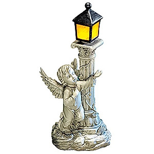Collections Etc Solar Powered Light-up Lantern with Cherub Figurine - Intricate Carved Details in Cherub and Light Post Displays, Resin Material Safe for All Weather, Silver