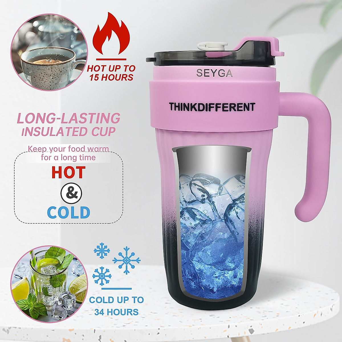 SEYGA 24 oz Insulated Tumbler with Handle |Spill Proof| Coffee Mug Travel Car Thermos Cup Water Bottle for Sport,Office,Ice Drink,Hot Beverage (Blue black)