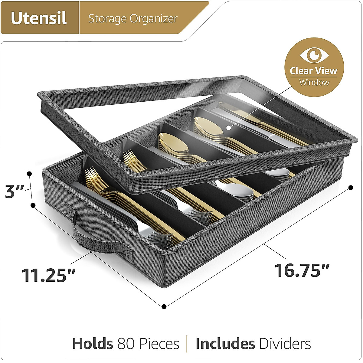 Sorbus Flatware Storage Chest with Clear Lid, Great Fabric Container Box for Organizing Utensils, Silverware, Flatware, Large Capacity, Gray