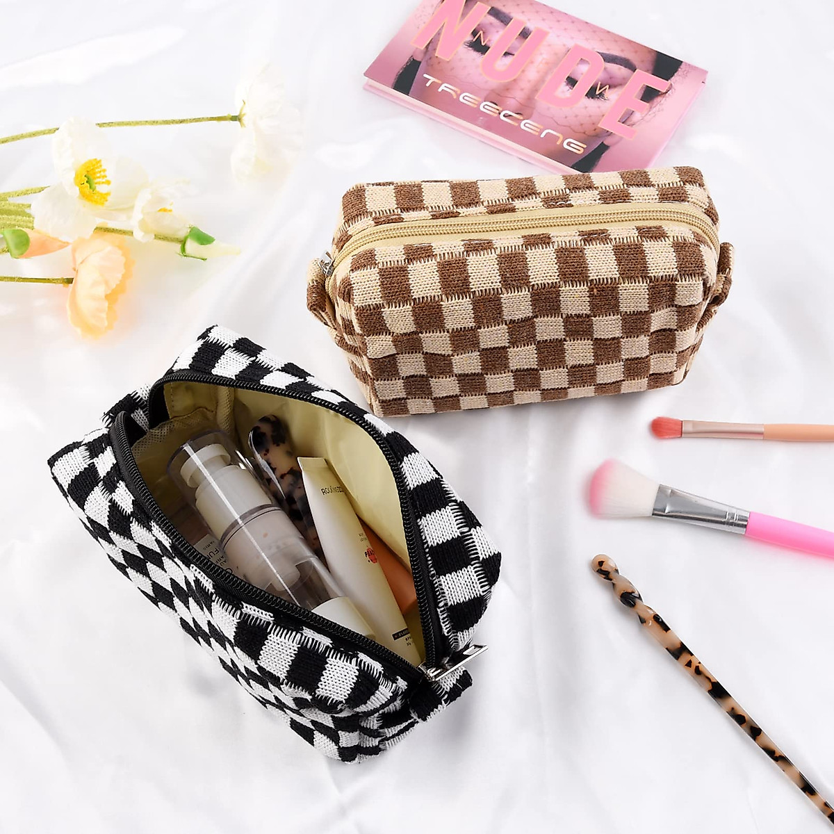 SOIDRAM 2 Pieces Checkered Cosmetic Travel Bags - Cute Makeup Pouch Organizers With Brush Storage for Women