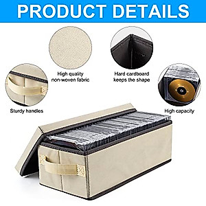 HATTERTOP CD Storage Box Set of 3, DVD Storage Case 14.2 x 6.3 x 5.5 Inch CD Case Storage with Lids & Handles to Store up to 165 Discs for Car Travel Home - Beige