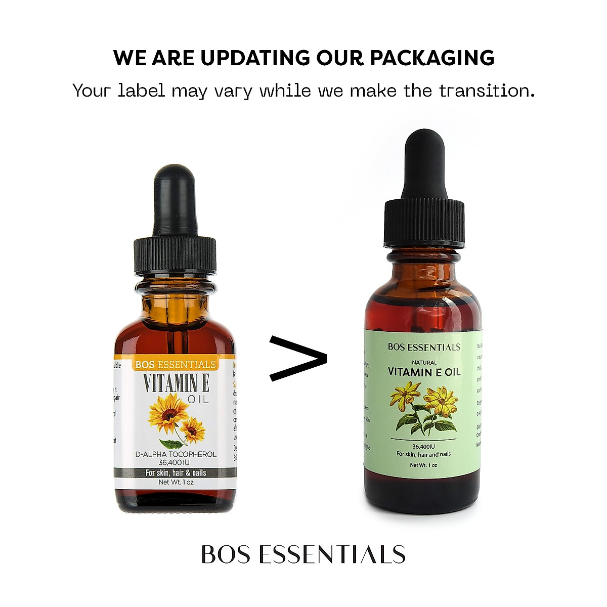 Bos Essentials Natural Vitamin E Oil (>90% D-Alpha Tocopherol) | Pure & Undiluted Oil | Diminishes The Appearance of Scars, Wrinkles, & Other Skin Abnormalities | Non-GMO