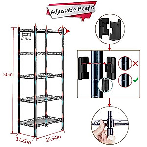 SORCEDAS Shelf 5 Wier Metal Storage Rack Shelving Unit Organizer for Kitchen Laundry Garage Bathroom Pantry Closet Office(16.54" Wx11.81 Dx50 H,Black)