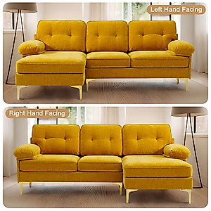 EASELAND 83" L Shaped Convertible Couch, Chenille Couch Sectionals for Living Room, 3-Seat Comfy Lounge Sofa for Bedroom with Chaise, Sleeper Sofa Bed with Fluffy Armrests, Washable Cushion(Yellow)