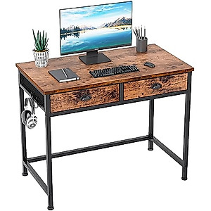 Furologee Computer Desk with 2 Fabric Drawers, Small Home Office Writing Desk, Vanity Desk with Hooks, Simple Study Desk for Small Spaces, Makeup Dressing Table, Rustic Brown